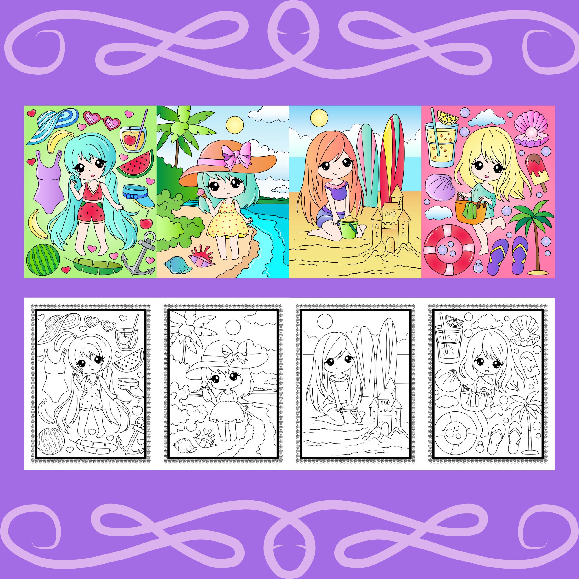 Beach Girl Coloring, Summer Coloring, Beach Coloring, Kawaii Coloring ...