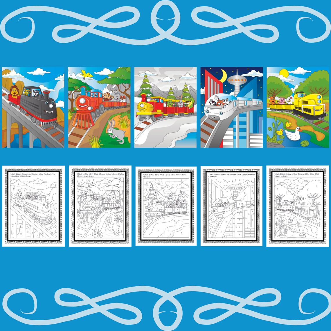 Animal Train Color by Number Coloring, Train Coloring, Animal Coloring ...