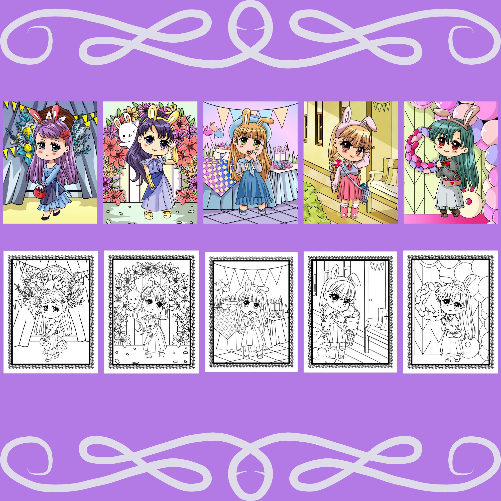 Bunny Girl Coloring Girl Coloring Easter Coloring Kawaii - Etsy