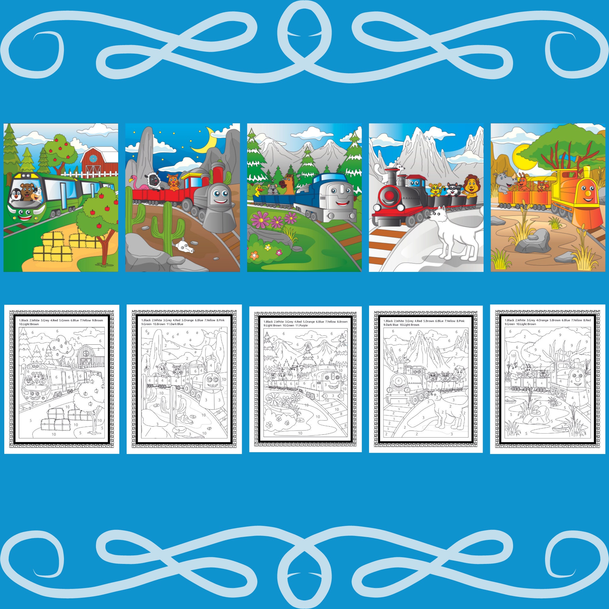 Animal Train Color by Number Coloring, Train Coloring, Animal Coloring ...