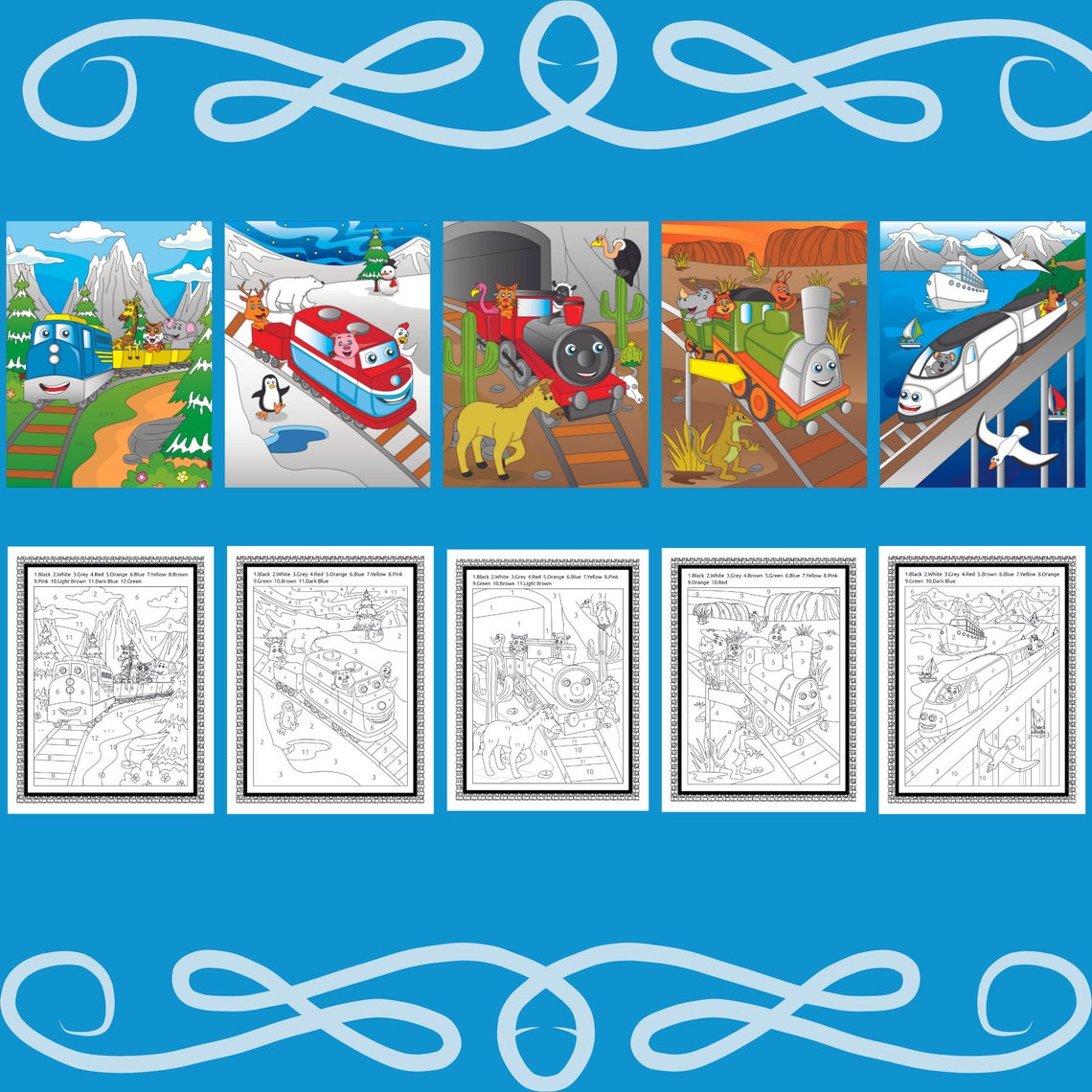 Animal Train Color by Number Coloring, Train Coloring, Animal Coloring ...