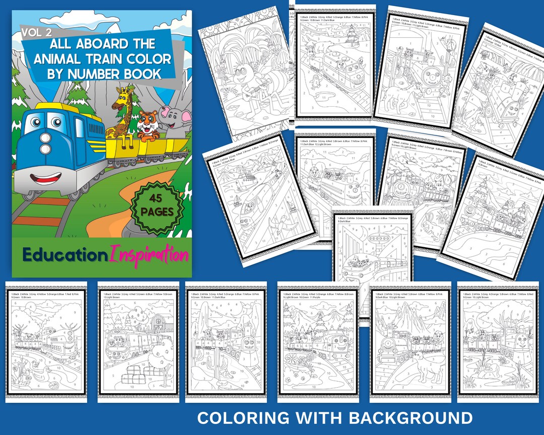 Animal Train Color by Number Coloring, Train Coloring, Animal Coloring ...