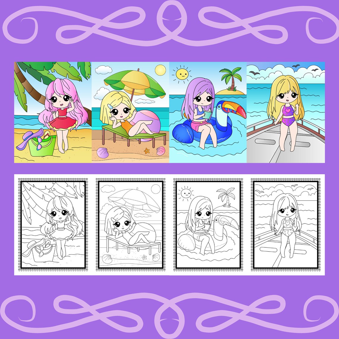 Beach Girl Coloring Summer Coloring Beach Coloring Kawaii - Etsy