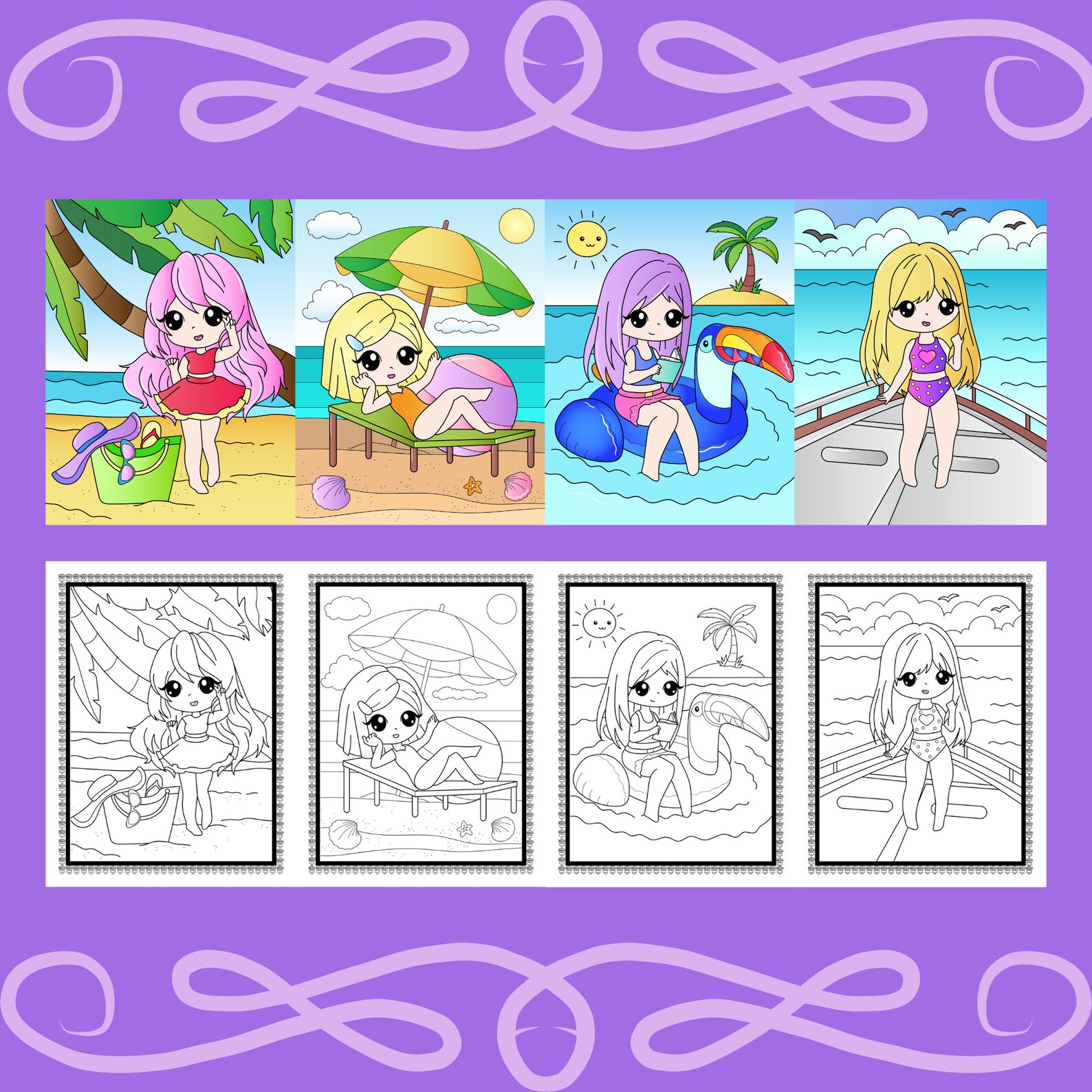 Beach Girl Coloring, Summer Coloring, Beach Coloring, Kawaii Coloring ...