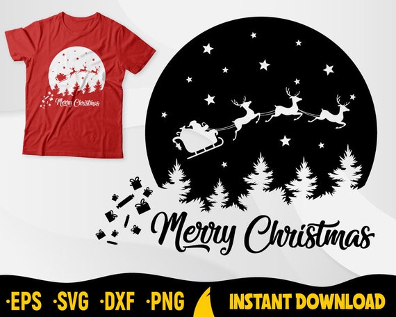 Santa on Sleigh Svg Santa Flying With Reindeers Above Trees | Etsy