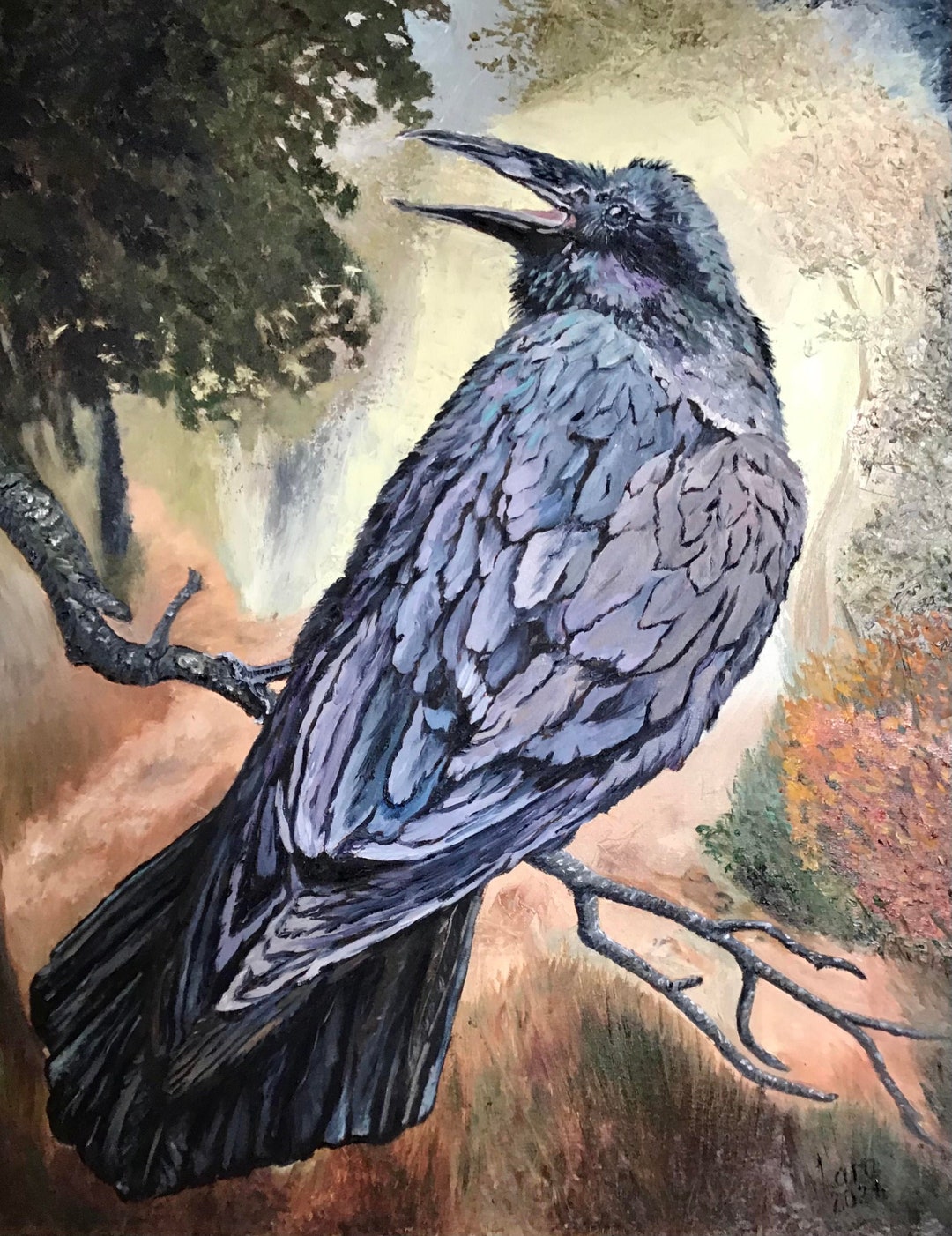 Impressive Raven Painting Interior Oil Painting Crow Original Artwork ...