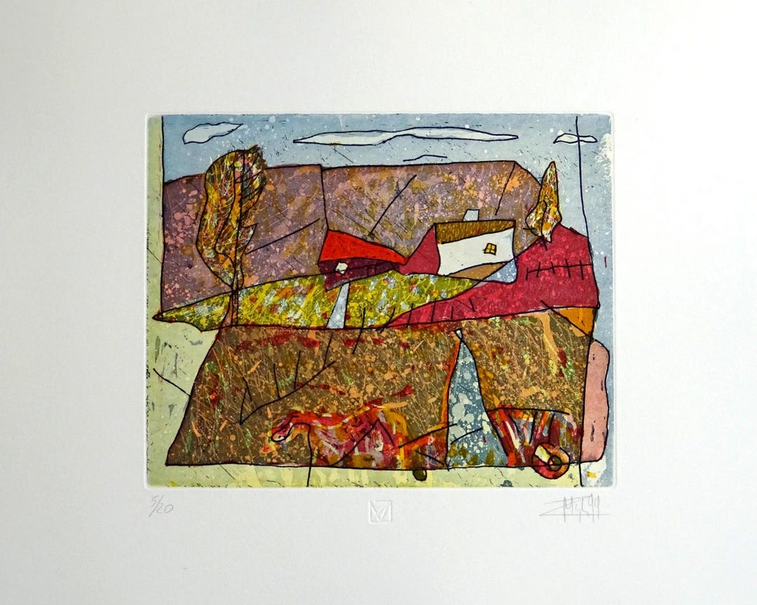 Original Etching Landscape, Modern Abstract Landscape Art, Hand-printed ...
