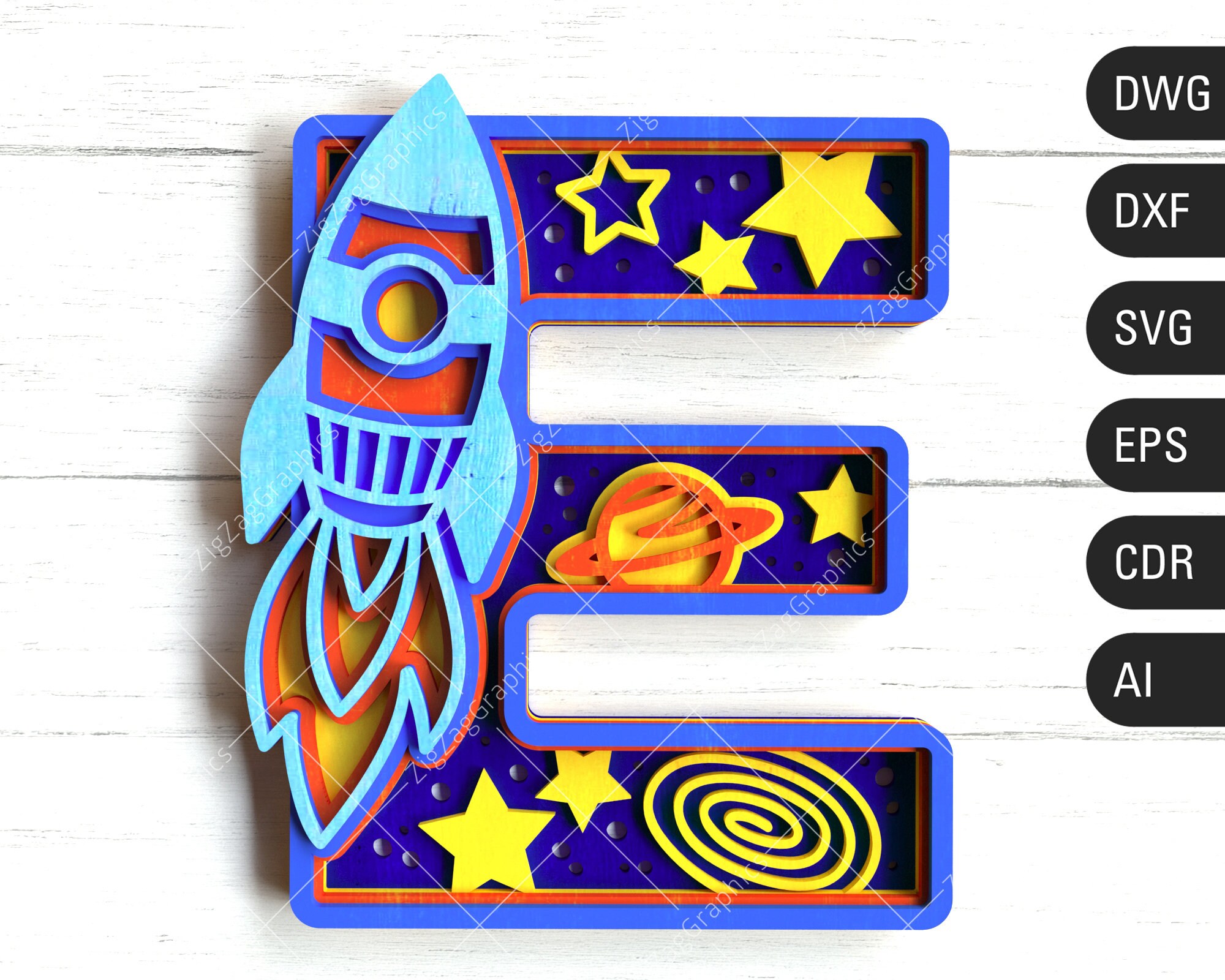 3D Space Layered Letter E SVG Layered Rocket svg for Kids | Etsy