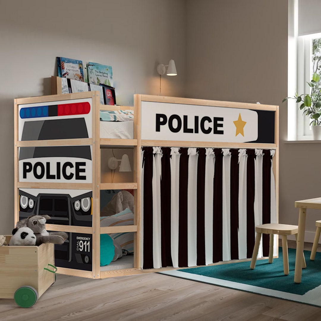 Ikea Kura Bed Makeover: Police Car Set Decals and Curtains, Playhouse ...