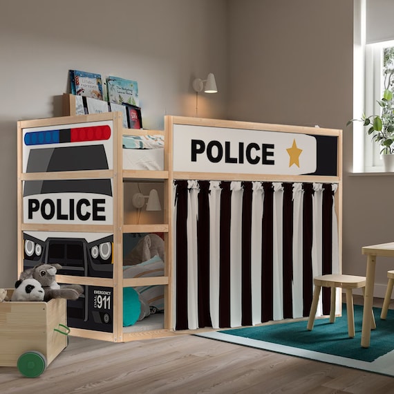 Ikea Kura Bed Makeover Police Car Set Decals and Curtains Playhouse Loft Kura Bed Set Bunk Bed Boys Room Decor Police Car Playhouse Etsy
