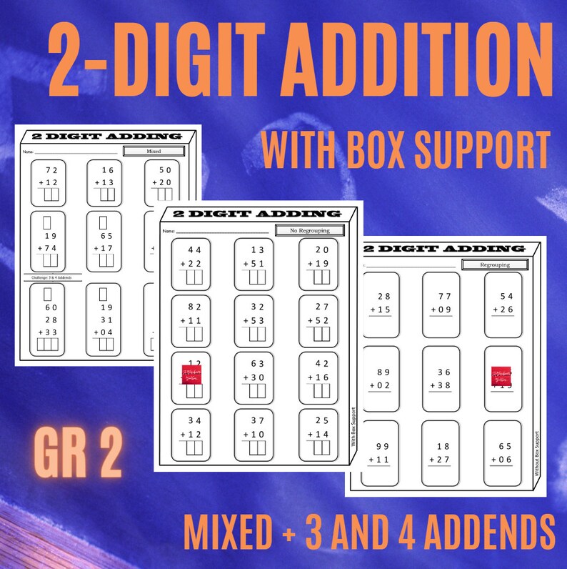 2 Digit Addition Printable Worksheets (mixed W/box Support) - Etsy