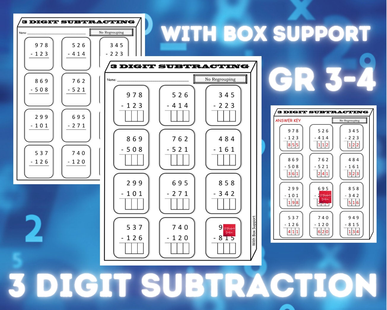 3 Digit Subtraction Printable Worksheets (mixed W/box Support) - Etsy