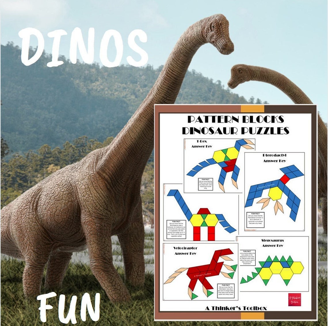 Dinosaur Pattern Block Mat Printables & Worksheets - Etsy
