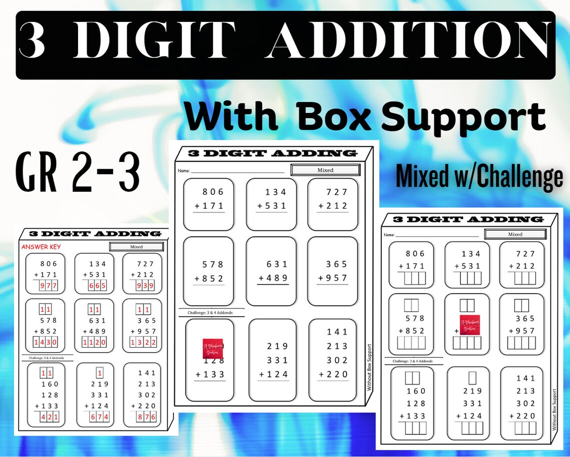 3 Digit Addition Printable Worksheets (mixed W/box Support) - Etsy