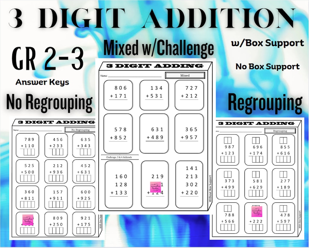 3 Digit Addition Printable Worksheets mixed - Etsy
