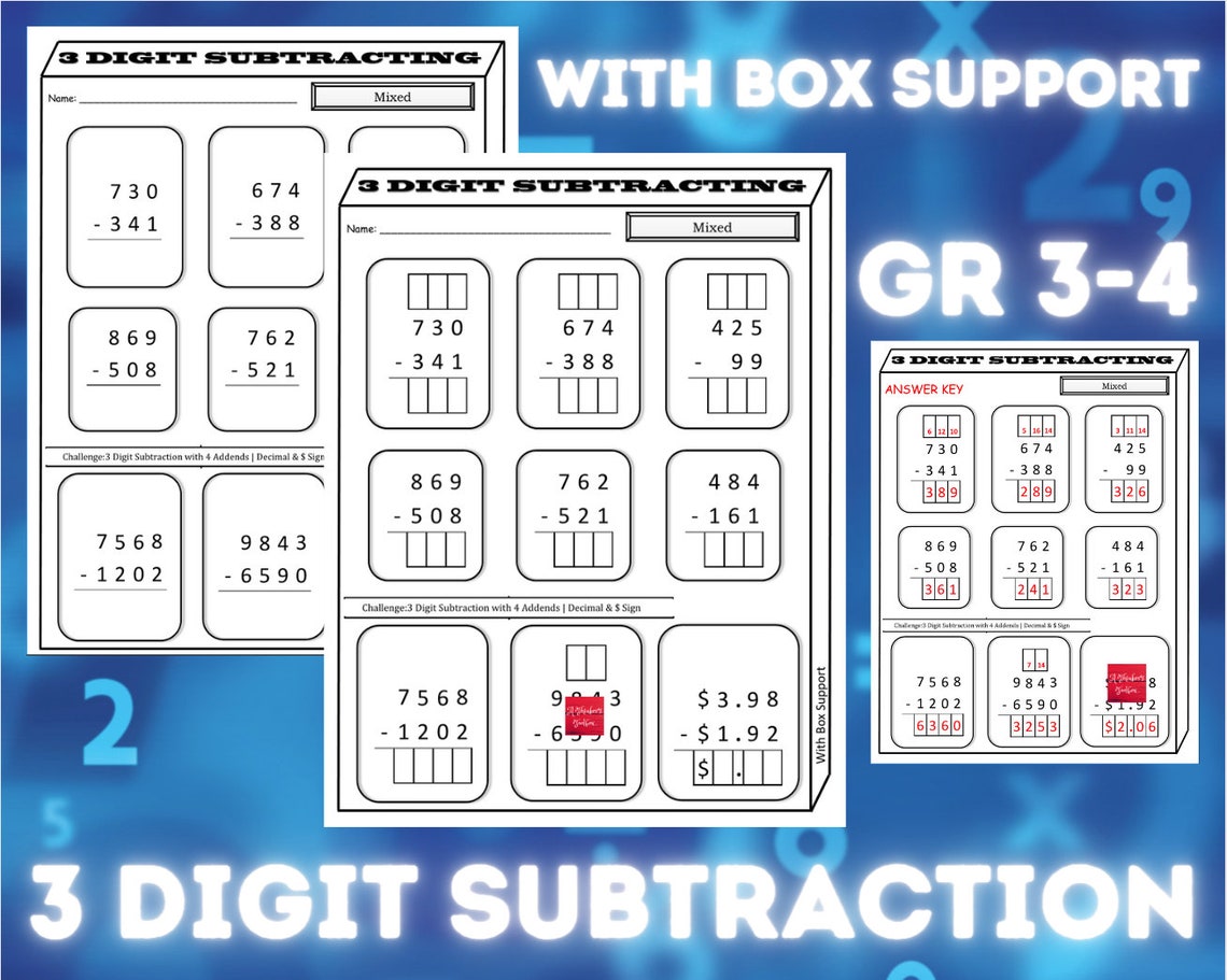 3 Digit Subtraction Printable Worksheets (mixed W/box Support) - Etsy