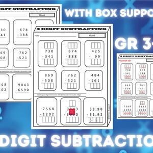 3 Digit Subtraction Printable Worksheets (mixed W/box Support) - Etsy