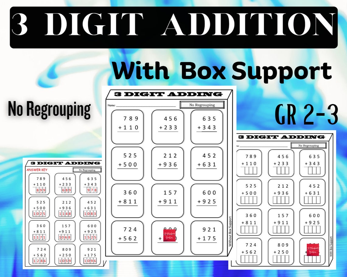 3 Digit Addition Printable Worksheets (mixed W/box Support) - Etsy
