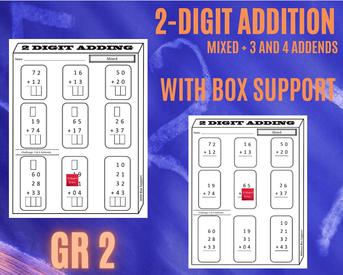 2 Digit Addition Printable Worksheets mixed W/box Support - Etsy