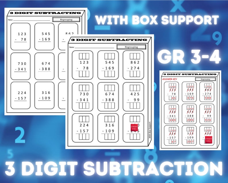 3 Digit Subtraction Printable Worksheets (mixed W/box Support) - Etsy
