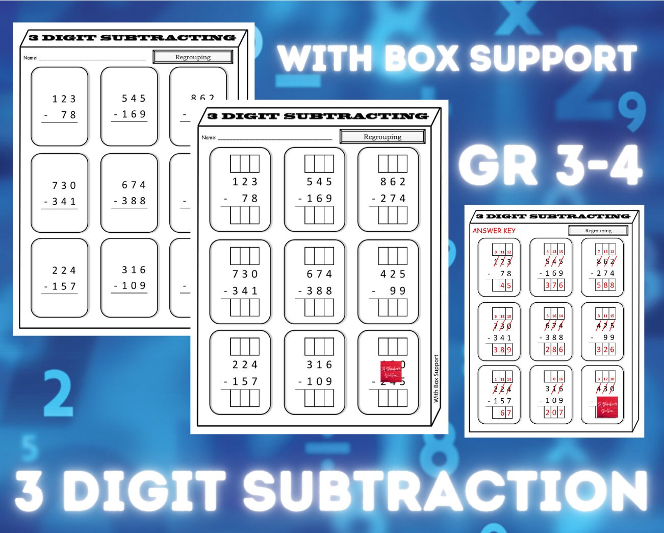 3 Digit Subtraction Printable Worksheets mixed W/box Support - Etsy