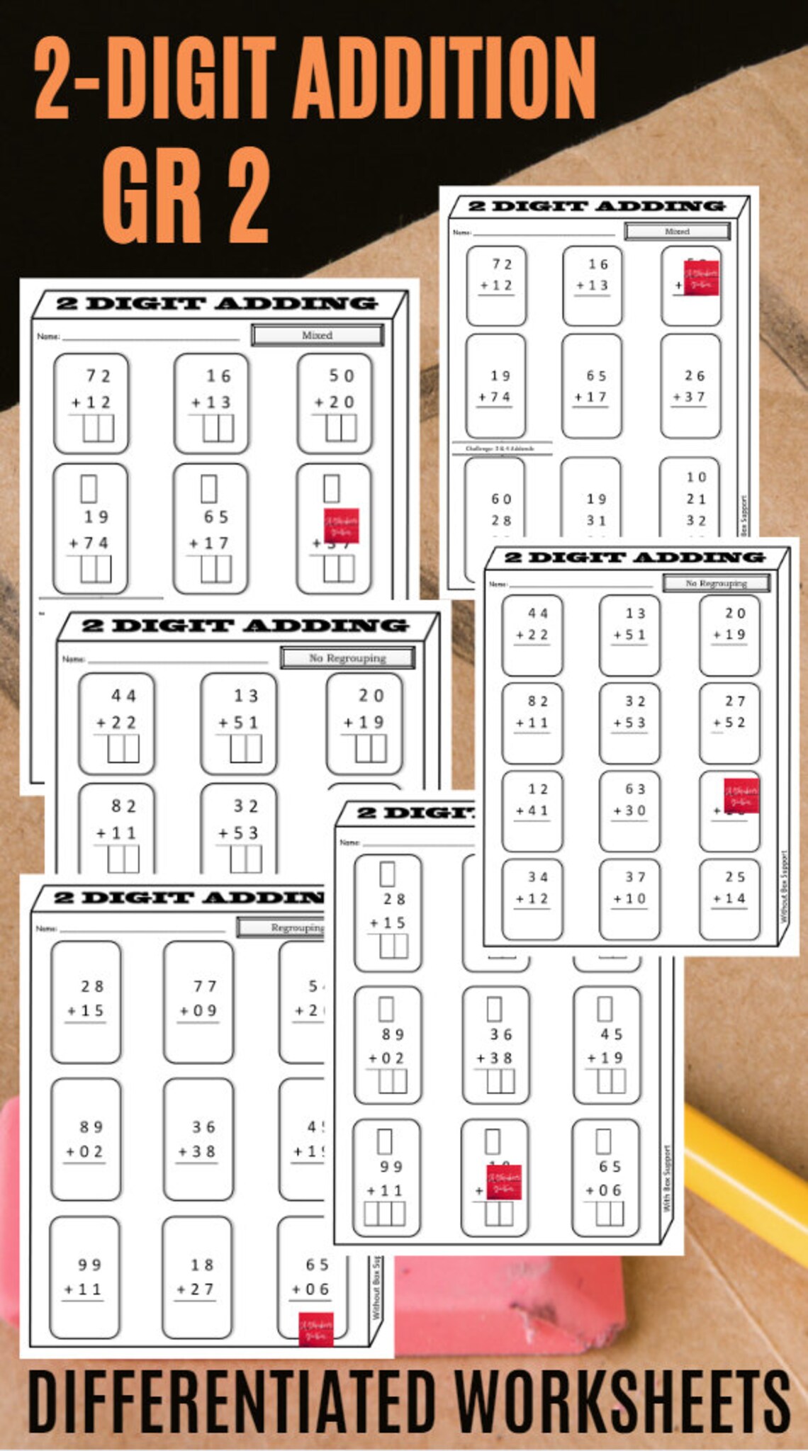 2 Digit Addition Printable Worksheets mixed W/box Support - Etsy