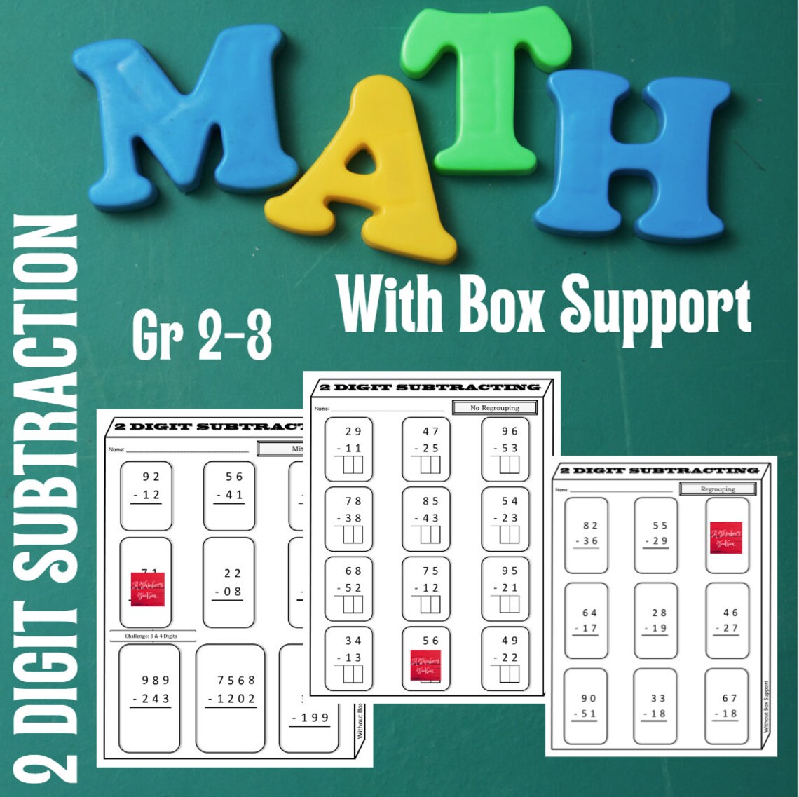2 Digit Subtraction Printable Worksheets (mixed W/box Support) - Etsy