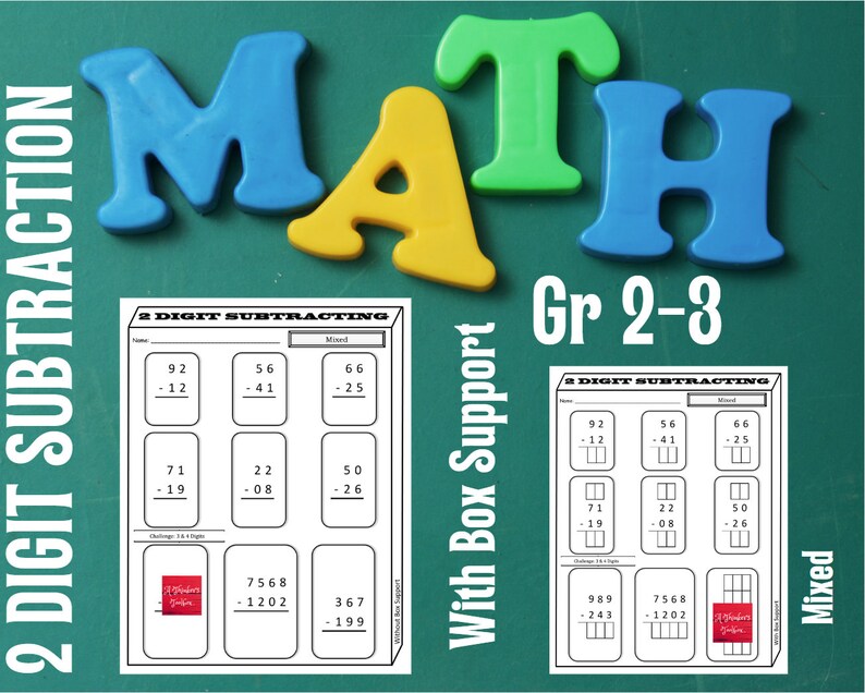 2 Digit Subtraction Printable Worksheets (mixed W/box Support) - Etsy