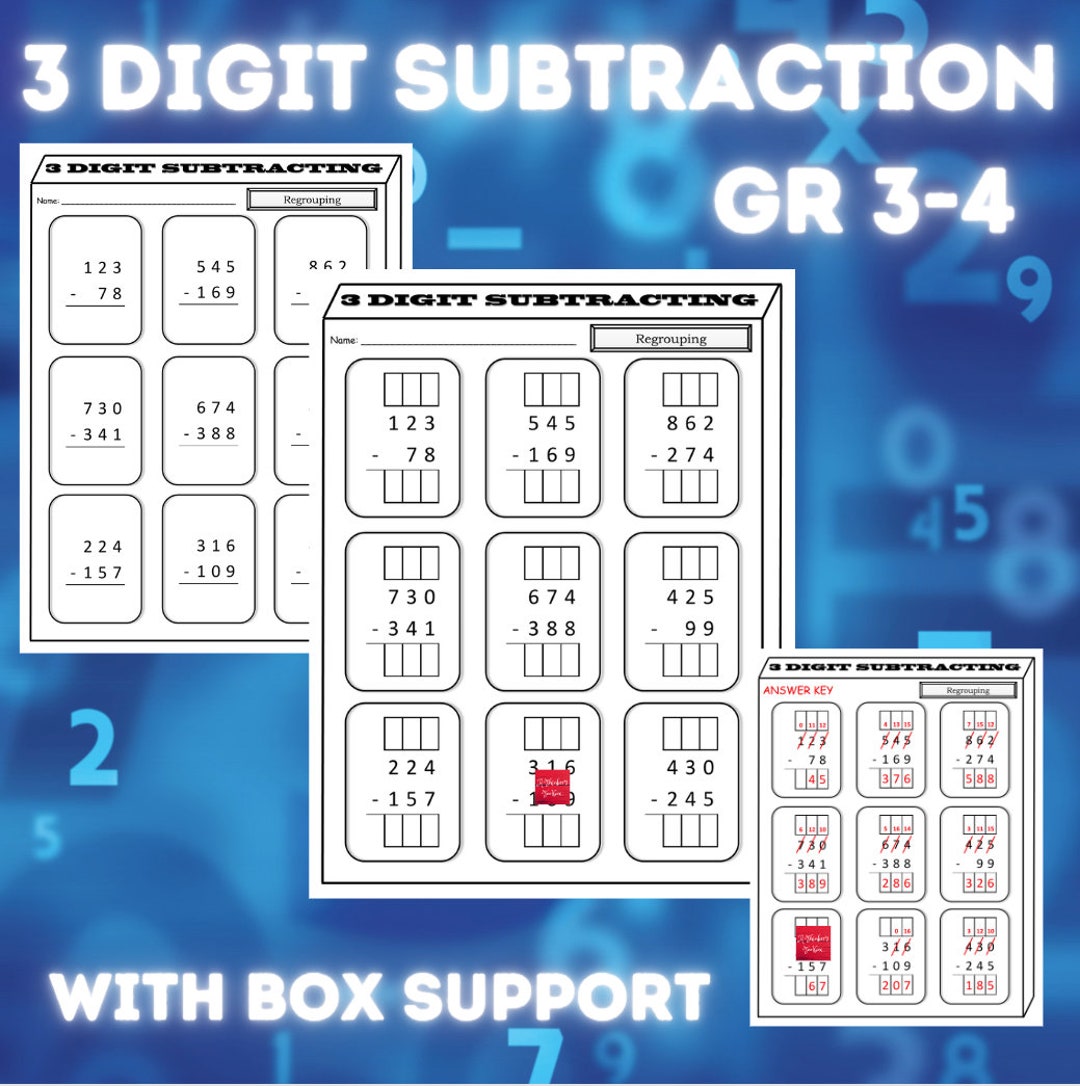 3 Digit Subtraction Printable Worksheets (mixed W/box Support) - Etsy