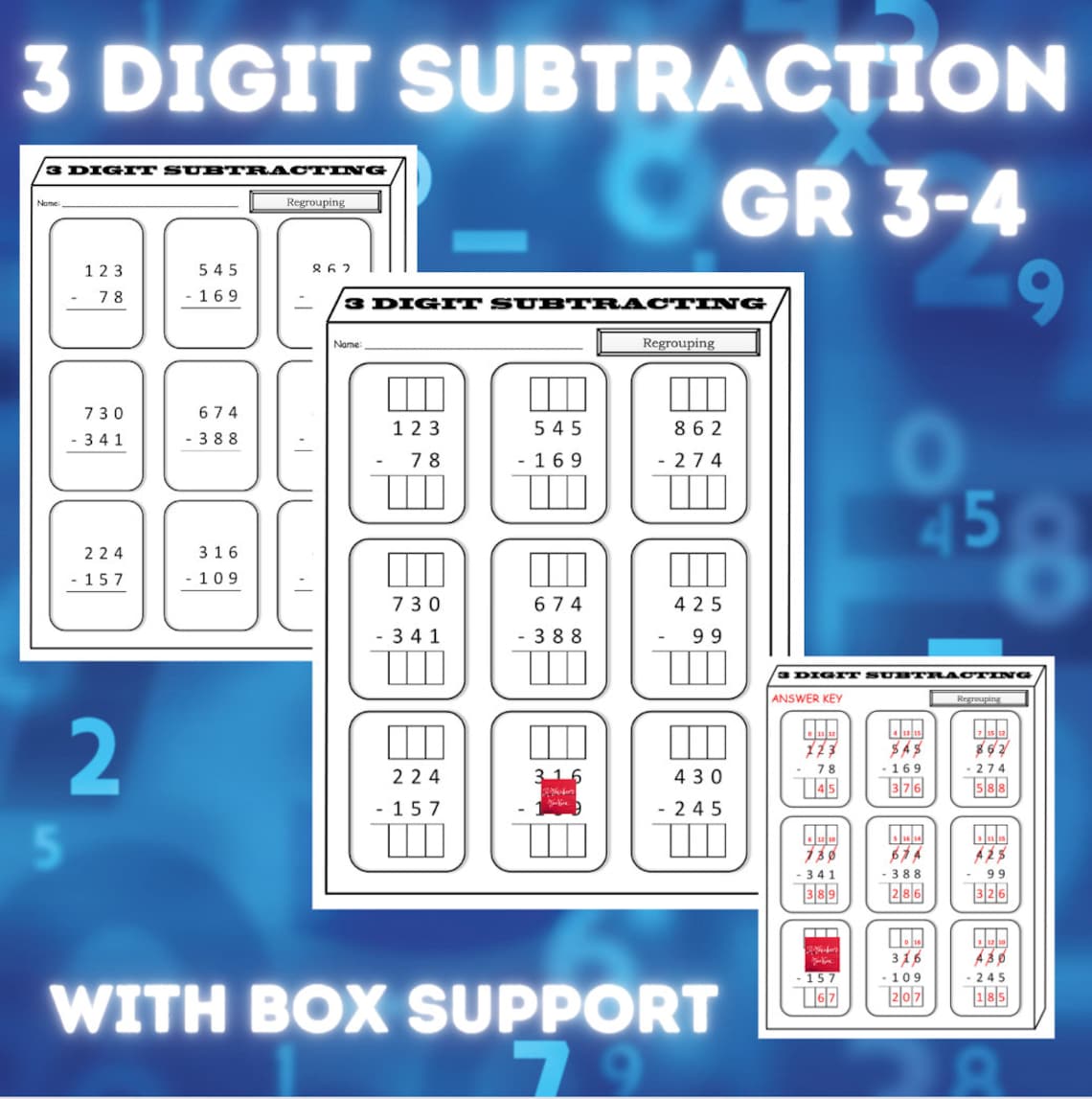 3 Digit Subtraction Printable Worksheets mixed W/box Support - Etsy