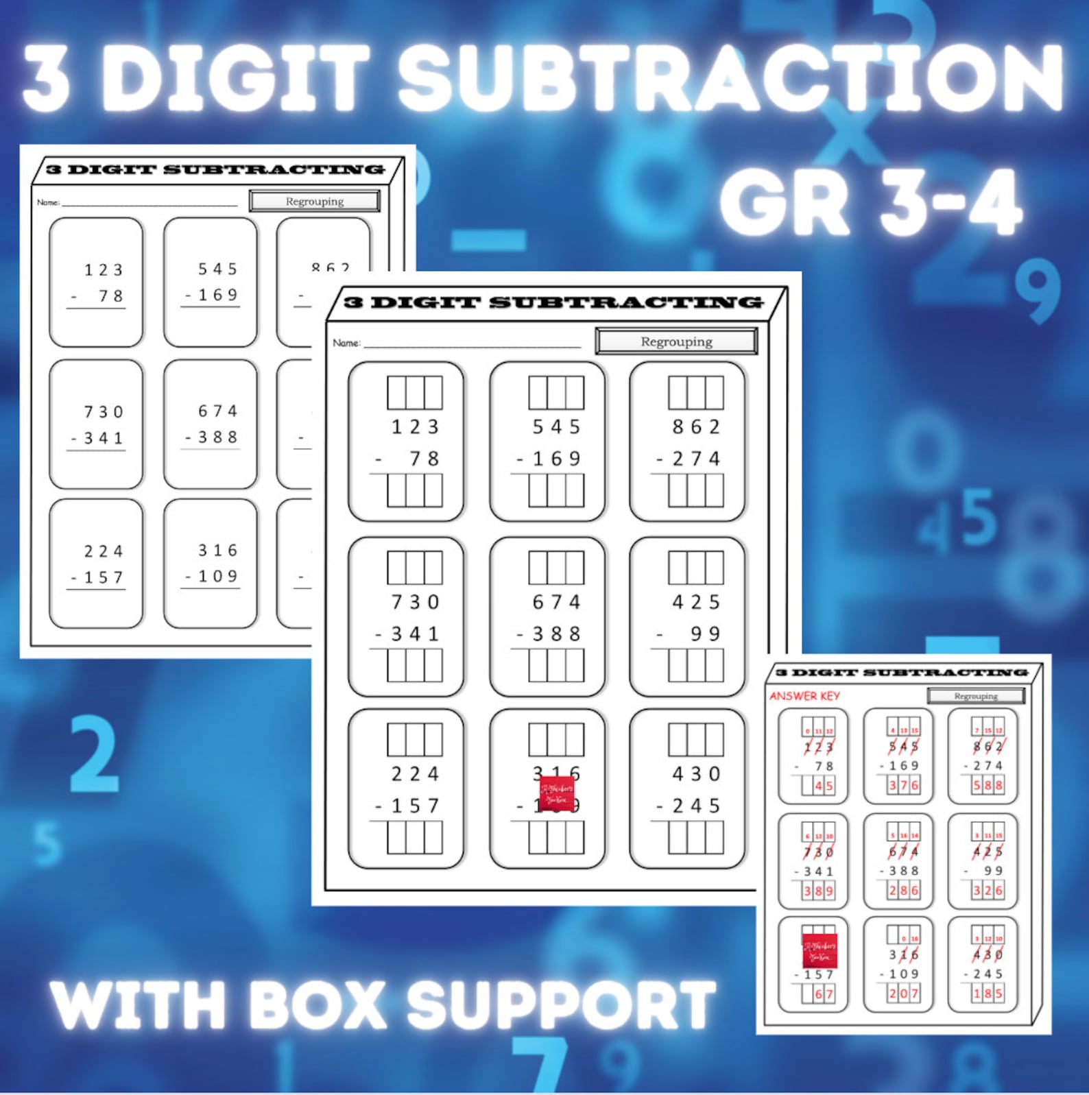 3 Digit Subtraction Printable Worksheets (mixed W/box Support) - Etsy