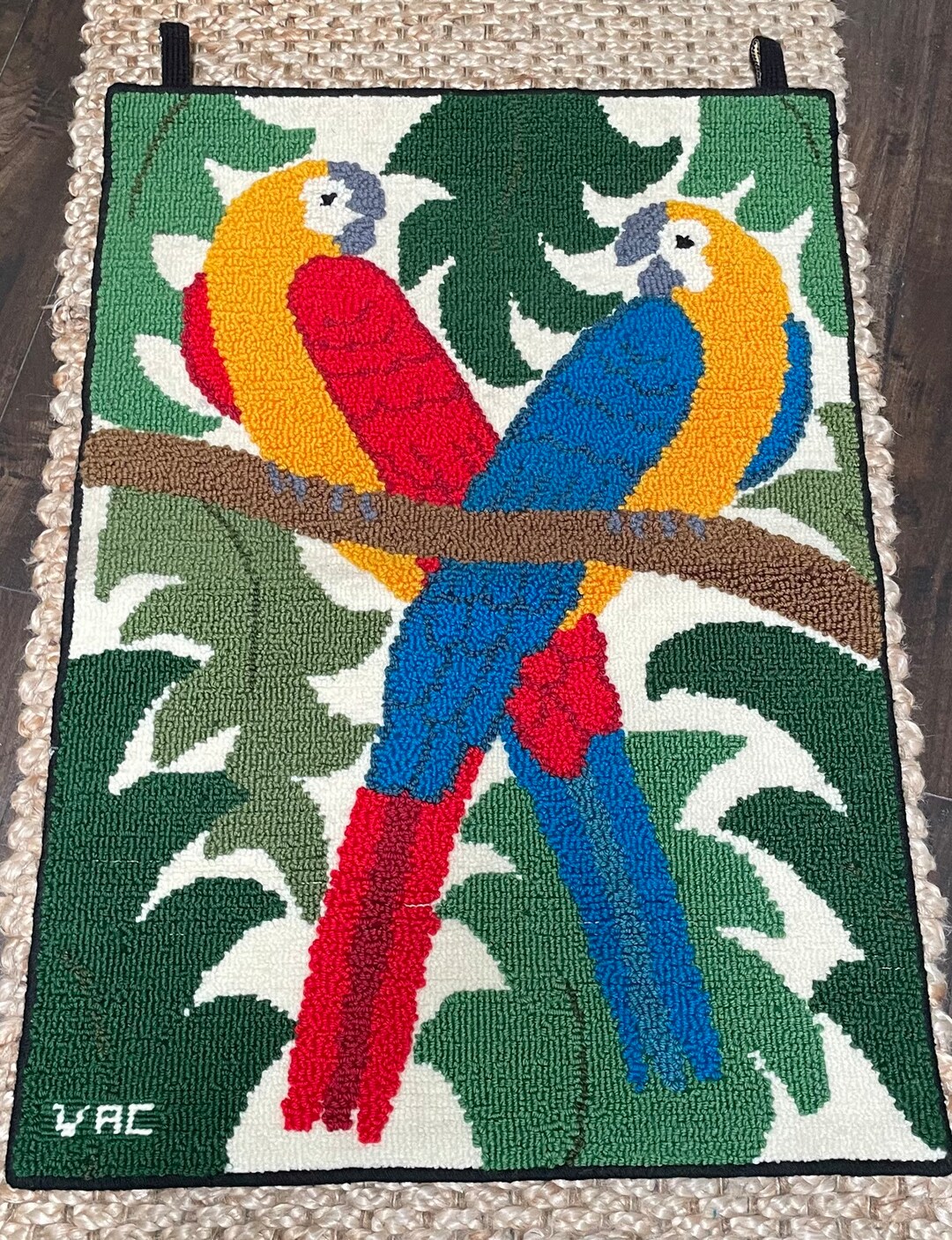Vintage Parrot Macaw Latch Hook Rug Wall Hanging. Large 38.5”L X 27”W ...