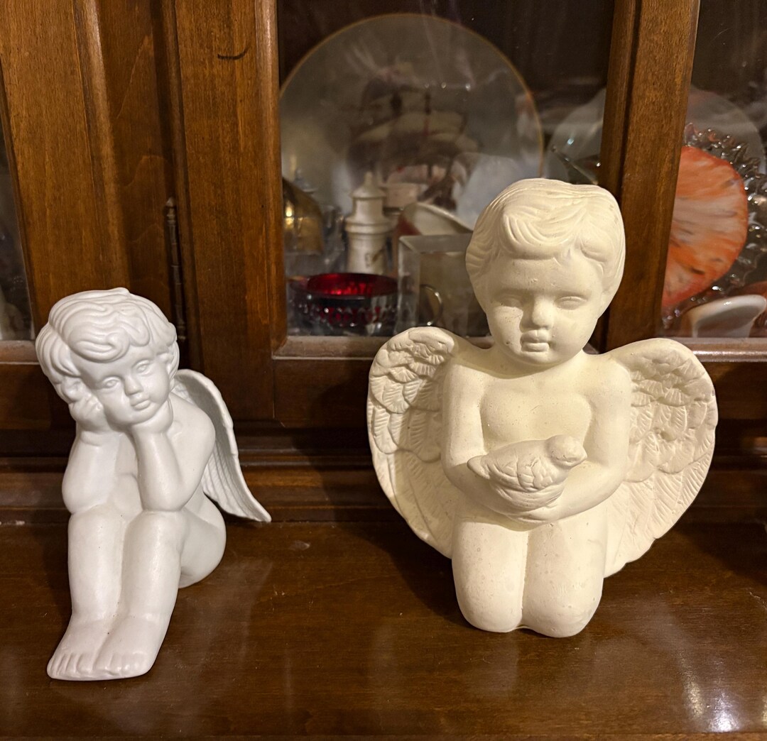 Vintage White Ceramic Cherubs, 1 Kneeling With Dove Other Seated Baby ...