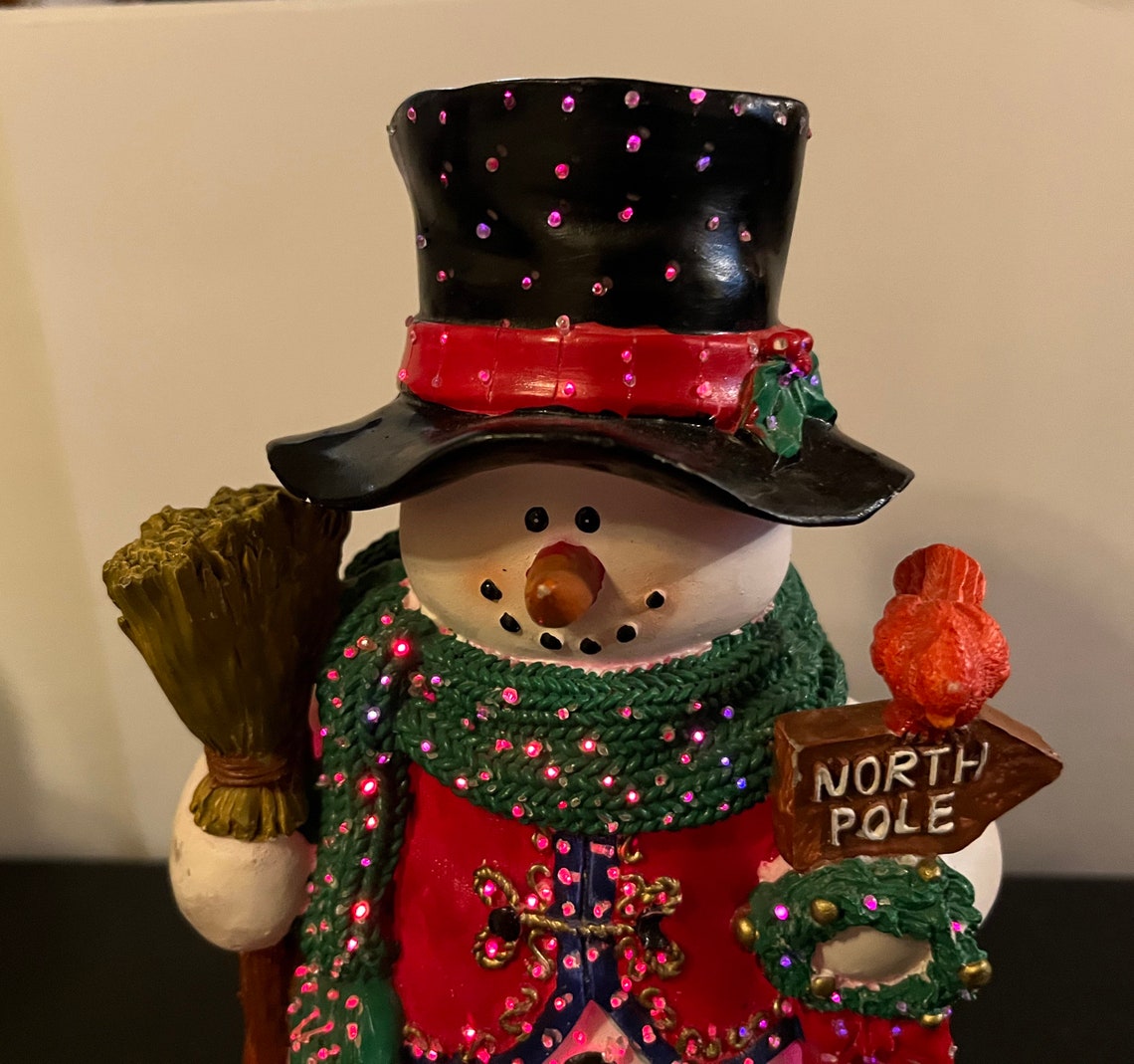 Vintage North Pole Snowman With His Black Hat, Scarf and Small Animals ...