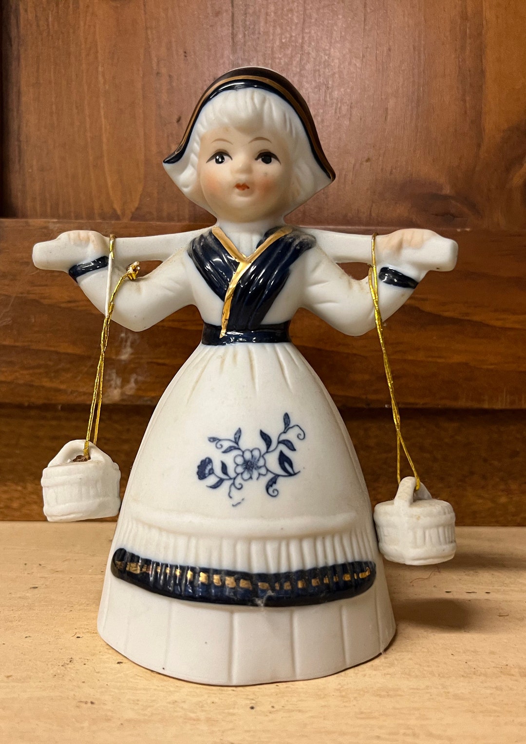 Vintage Delft Bell Figurine - Hand Painted Girl Carrying Two Buckets ...