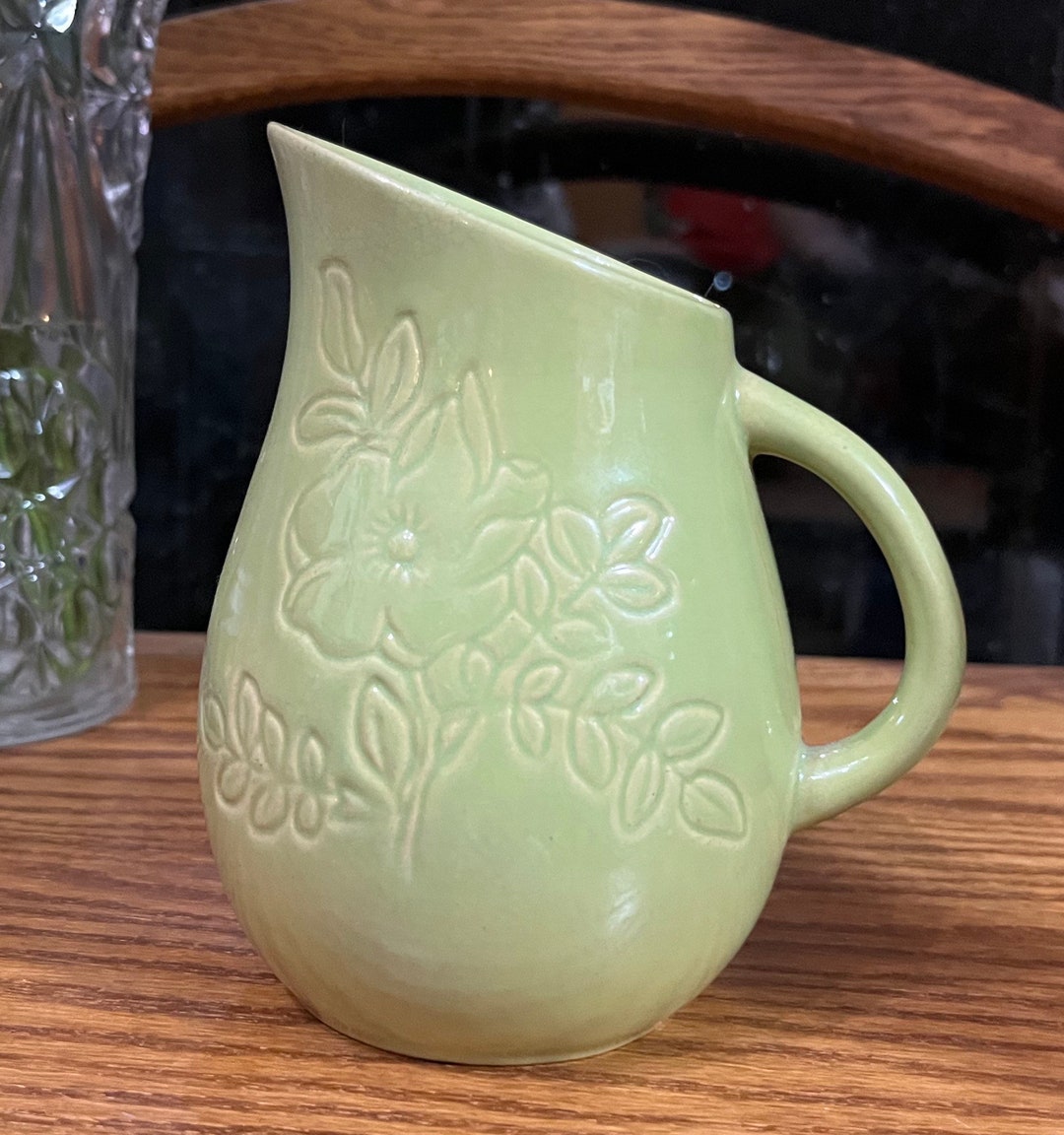 Vintage RARE Collectible Rosemeade/wahpeton Green Flowered Pitcher Art ...