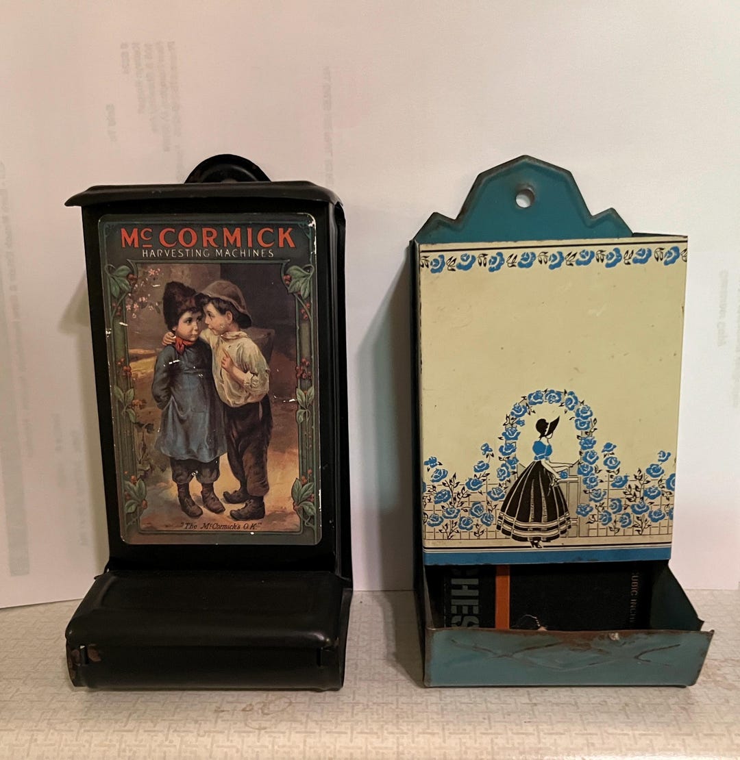 Vintage Metal Wall Mount Matchboxes, Lady in Rose Garden & Mccormick ...