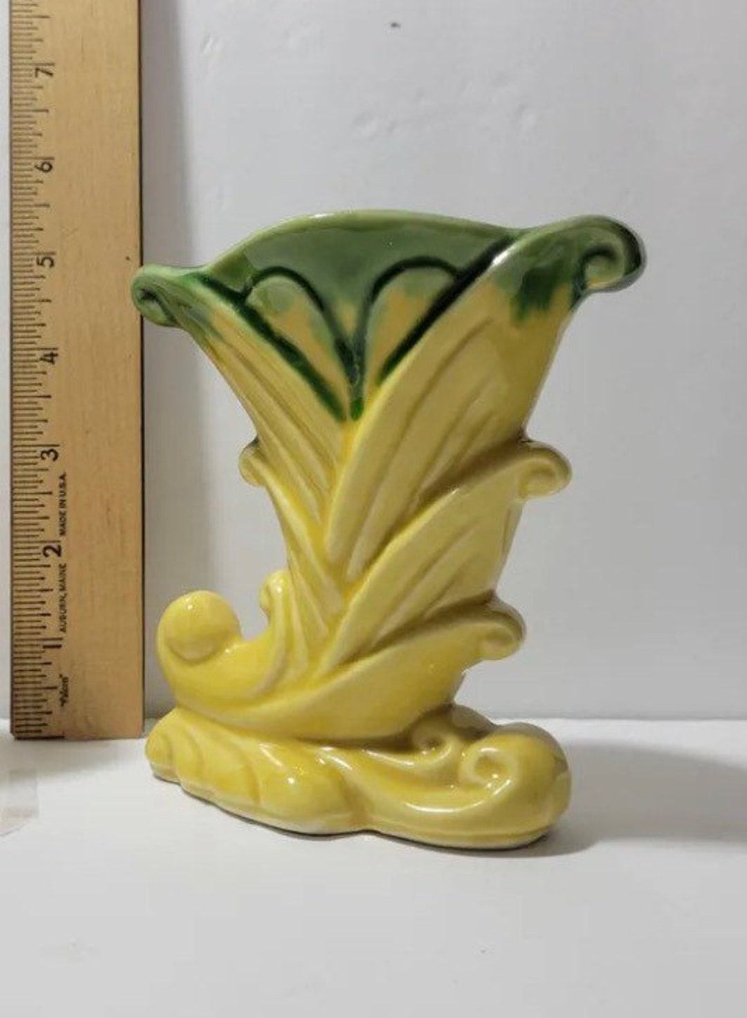 Vintage Shawnee Yellow Green Drip Glaze Small Cornucopia Vase Horn Made ...