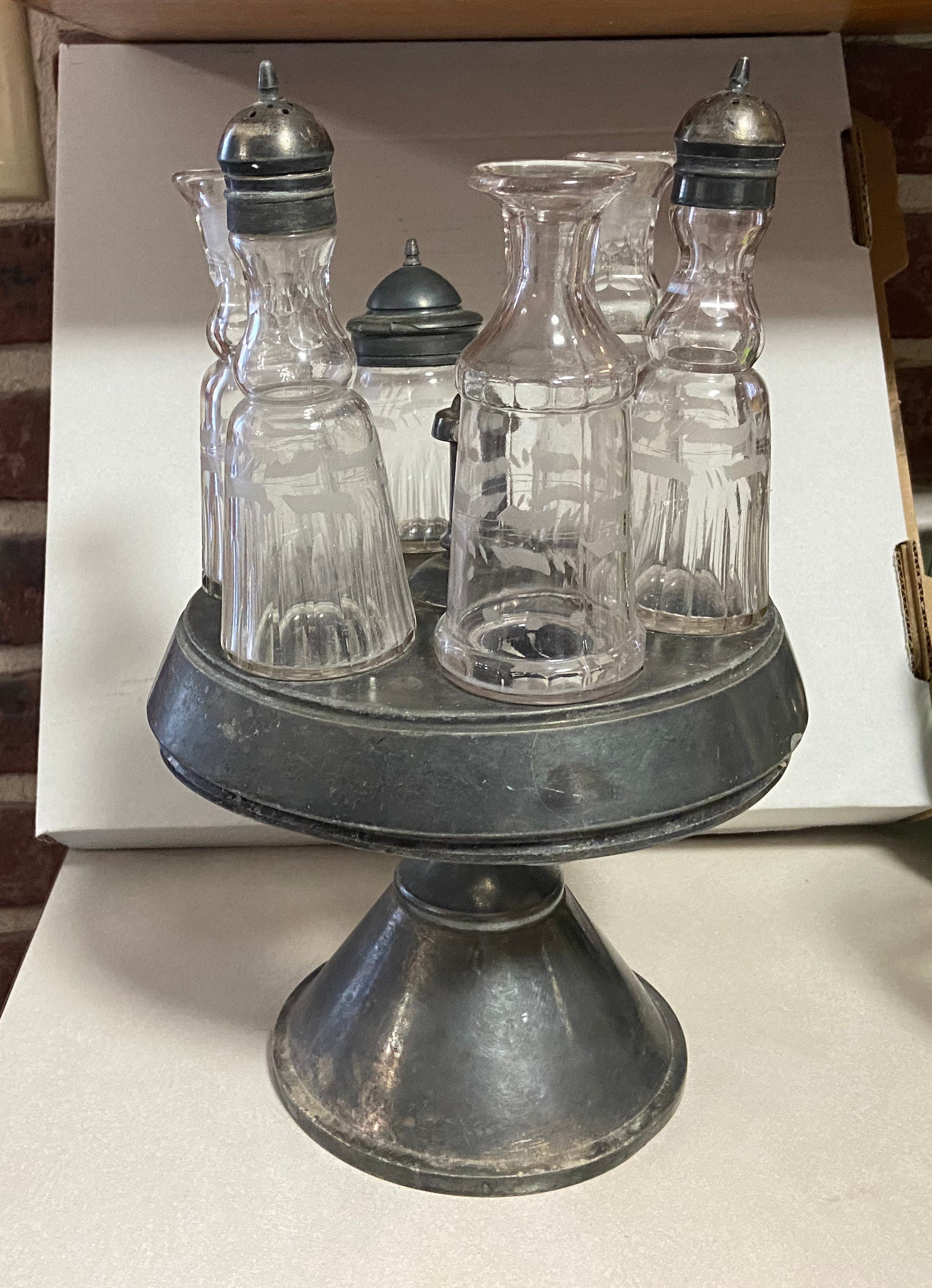 1890s Antique Victorian Pewter Cruet Set 6 Crystal Etched & | Etsy