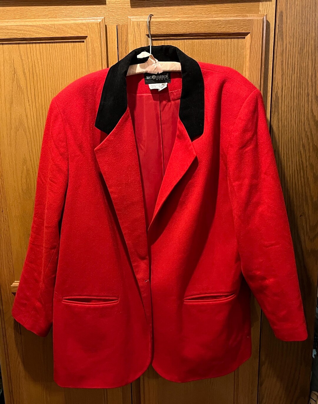 Sag Harbor Women 100% Wool One Button Red Blazer Black Collar Size 20W ...