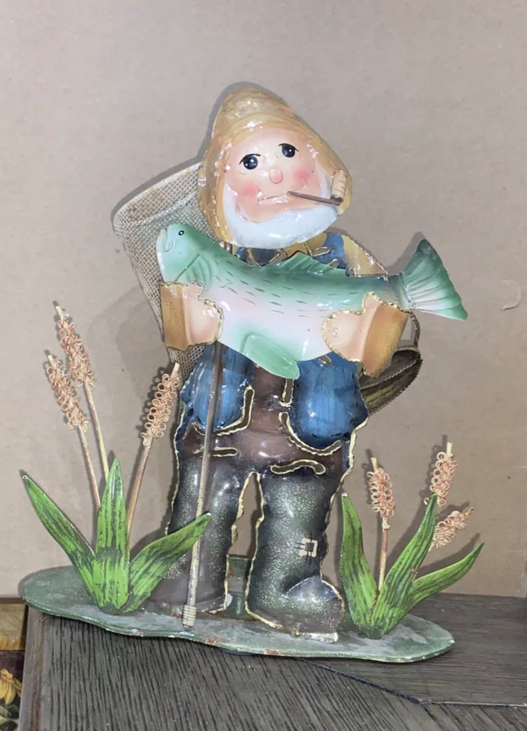 Fisherman Proudly With His Catch - Tin Tea Light Candle Holder Home ...