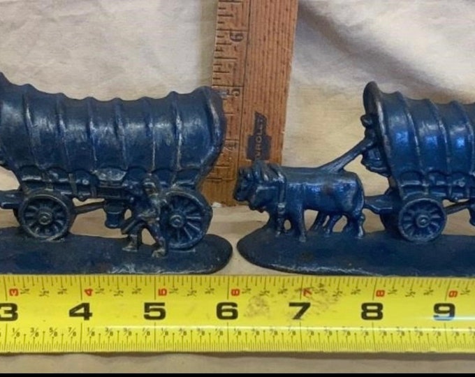 Vintage Collectible Pair of Cast Iron Oxen Drawn Covered Wagon Bookends ...