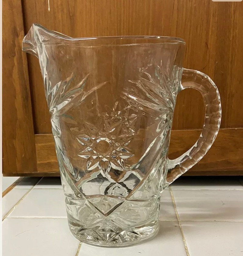 Vintage Leaded Cut Glass Water Pitcher Etched Flowers - Etsy
