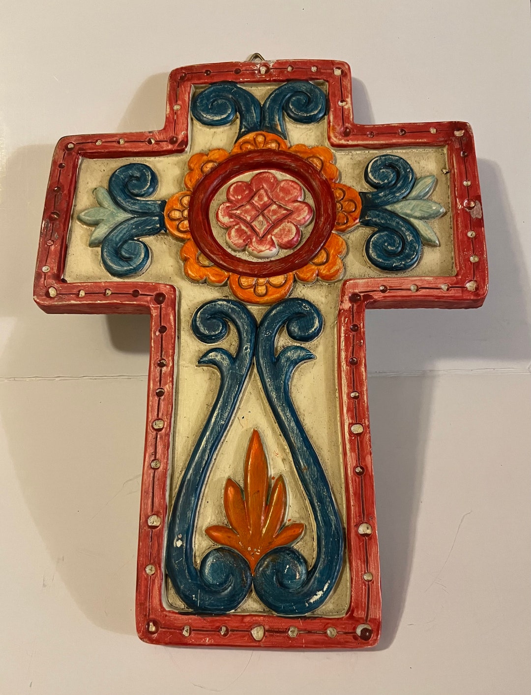 Vintage Collectible Large Colorful Hand Made & Painted Cross 13” X 10 ...