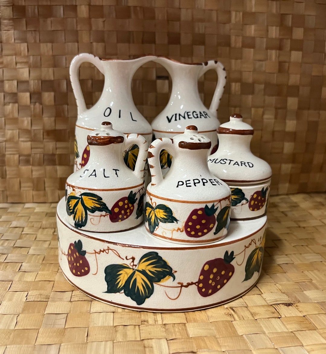 Vintage Ceramic Strawberry Cruet Set Vinegar/oil/salt/pepper & Mustard ...