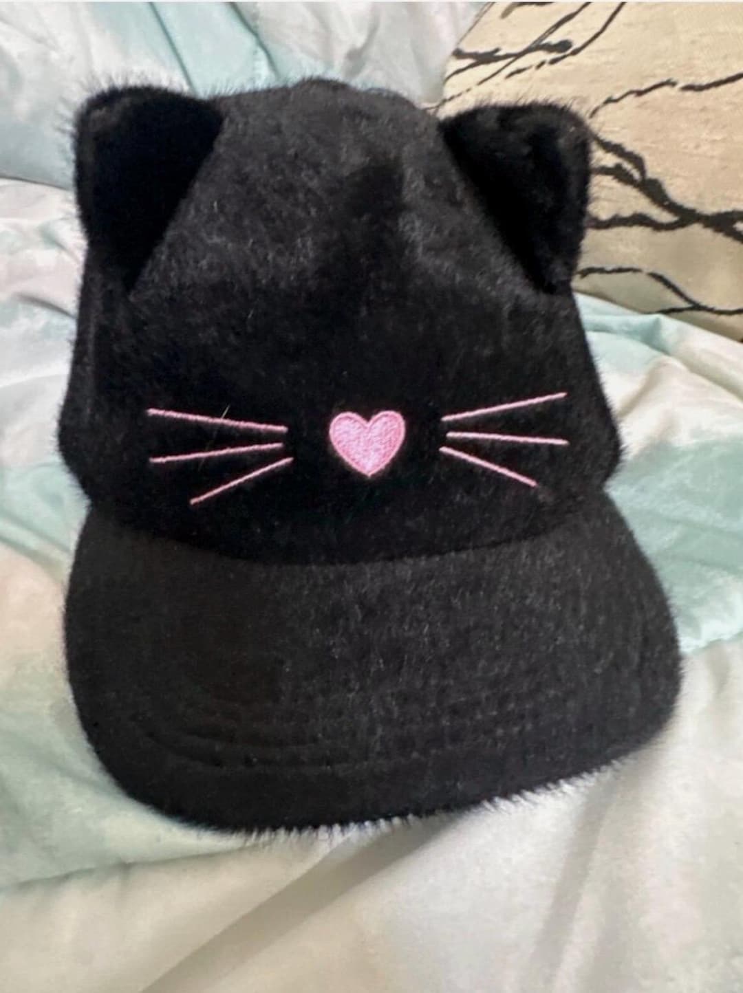 Black Baseball Style Cap With Pink Whiskers & Pink Heart Nose and Black ...