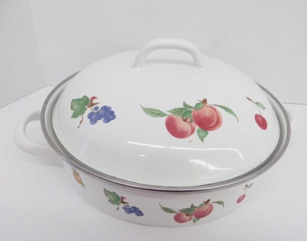 Vintage White Enamelware Cookware Set With Fruit Design | Etsy