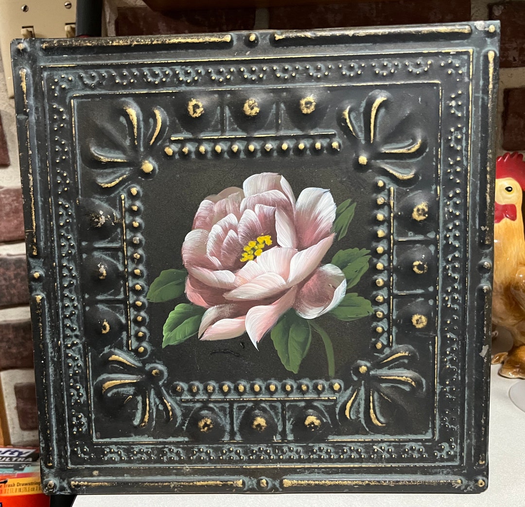 Vintage Sammlerstück gemalte Rose auf gepresstem Zinn 11 "Quadrat ...