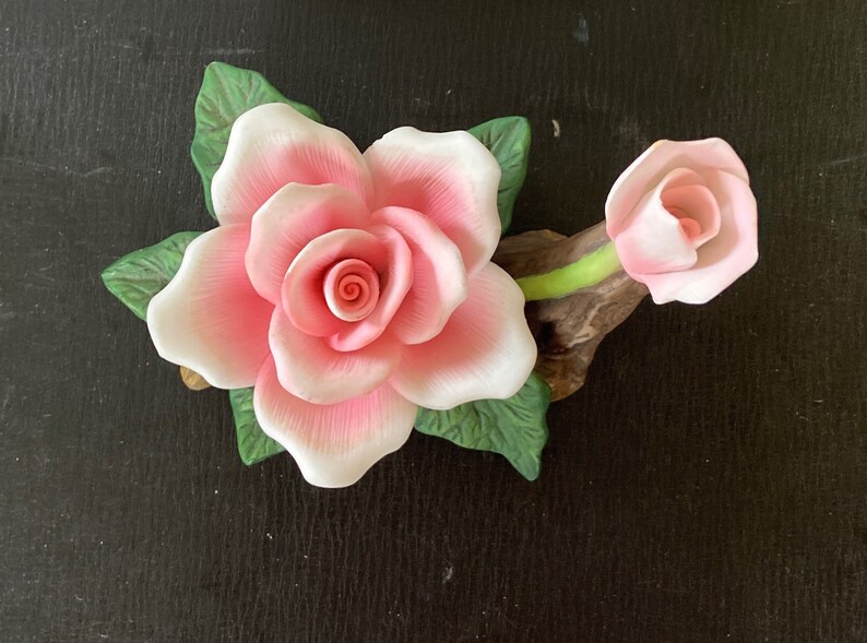 Vintage Hand Painted Pink Porcelain Rose & Rosebud | Etsy