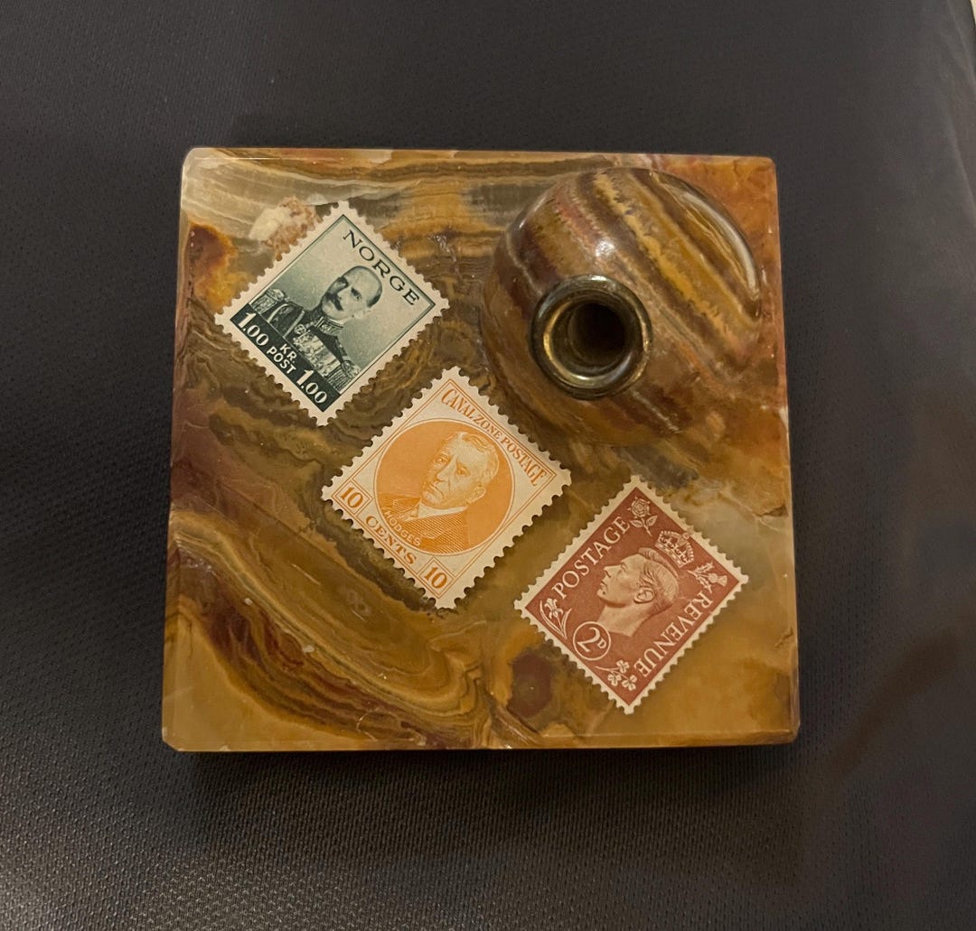 Vintage 3.25” Square Marble Inkwell With A Pen Holder With Collectible ...